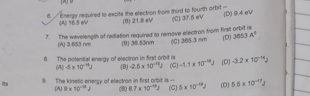Its 9 The Kinetic Energy Of Electron In First Orbit Is Filo