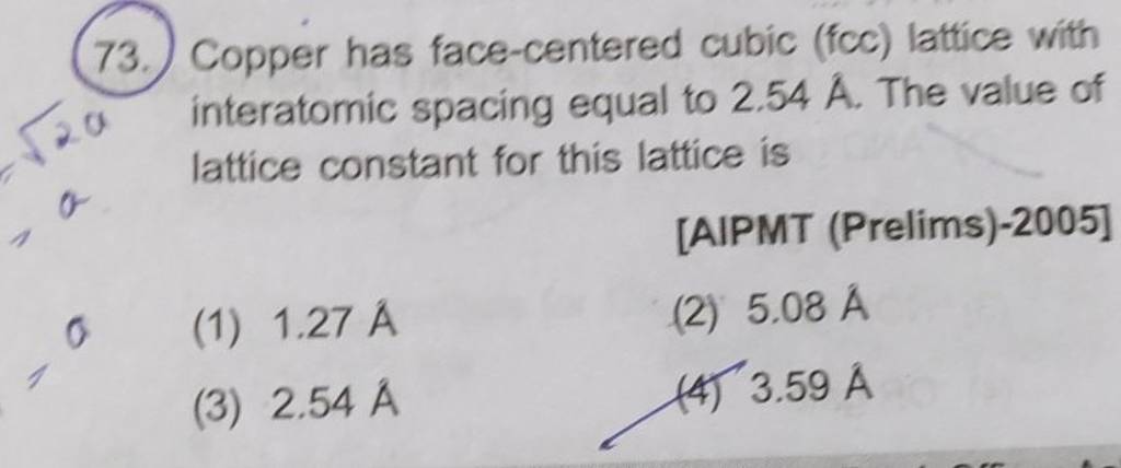 Copper has face-centered cubic (fcc) lattice with interatomic spacing equ..