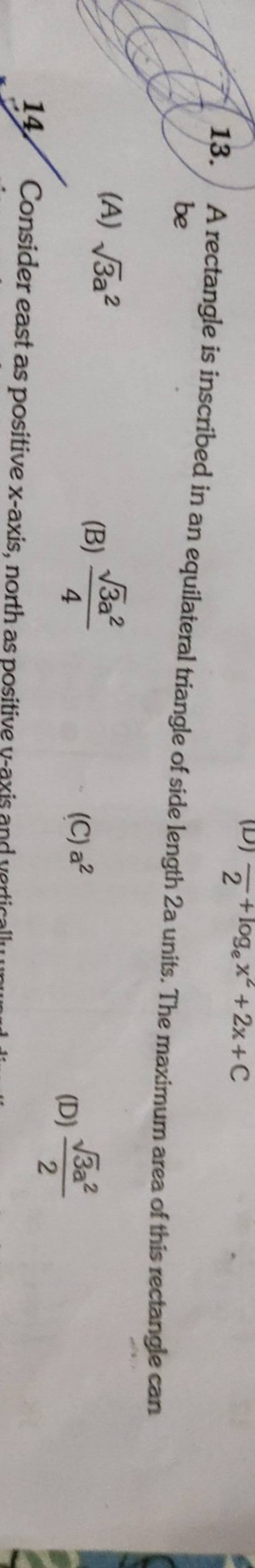 A rectangle is inscribed in an equilateral triangle of side length 2 a un..