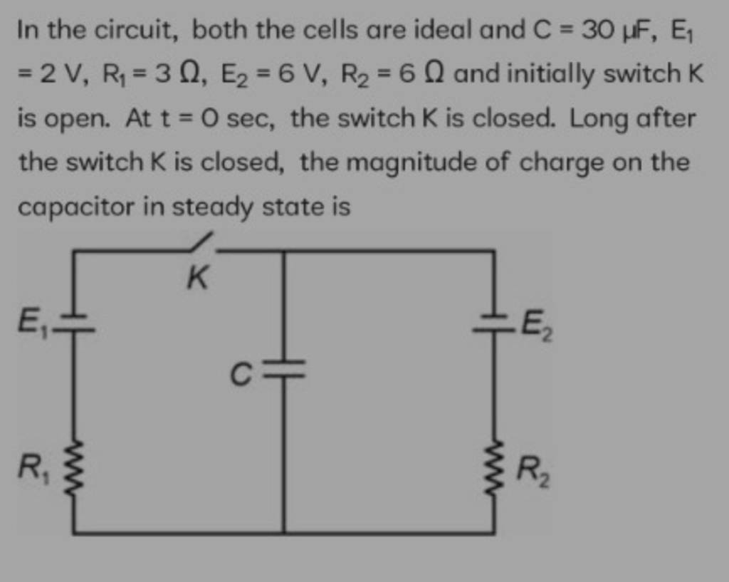 In the circuit, both the cells are ideal and C=30μF,E1 =2 V,R1 =3Ω,E2 =6..