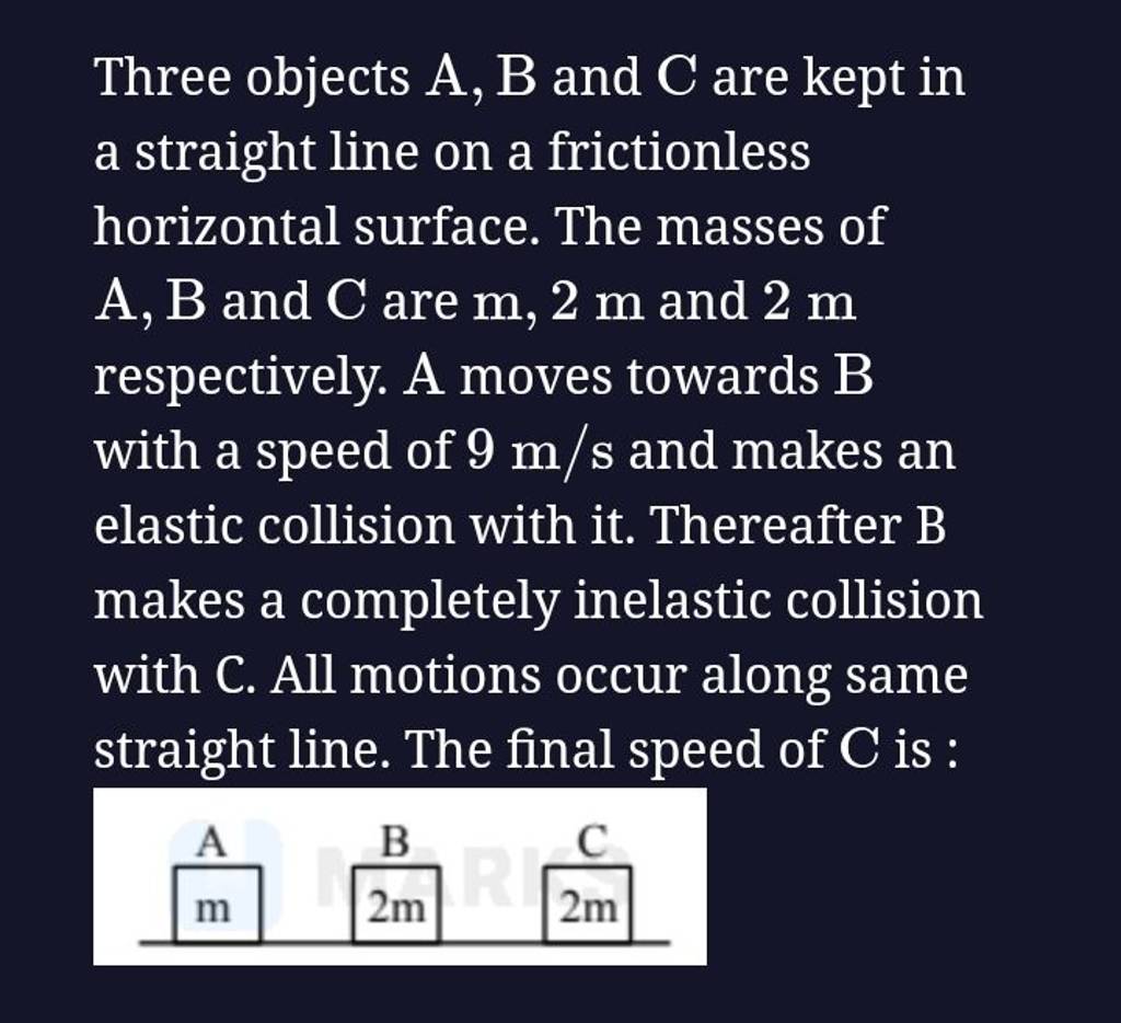 Three objects A,B and C are kept in a straight line on a frictionless hor..