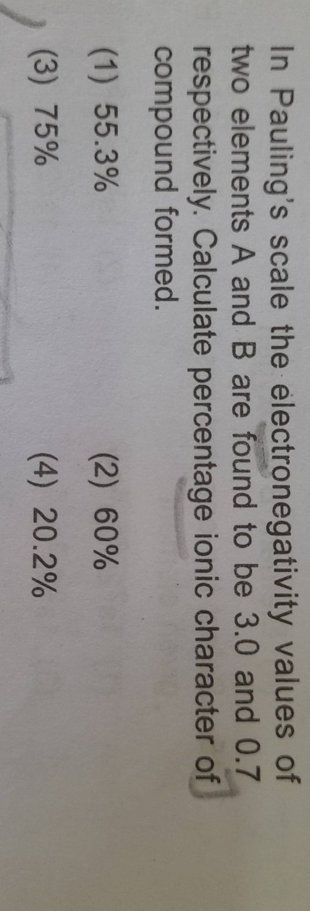 In Pauling's scale the electronegativity values of two elements A and B a..