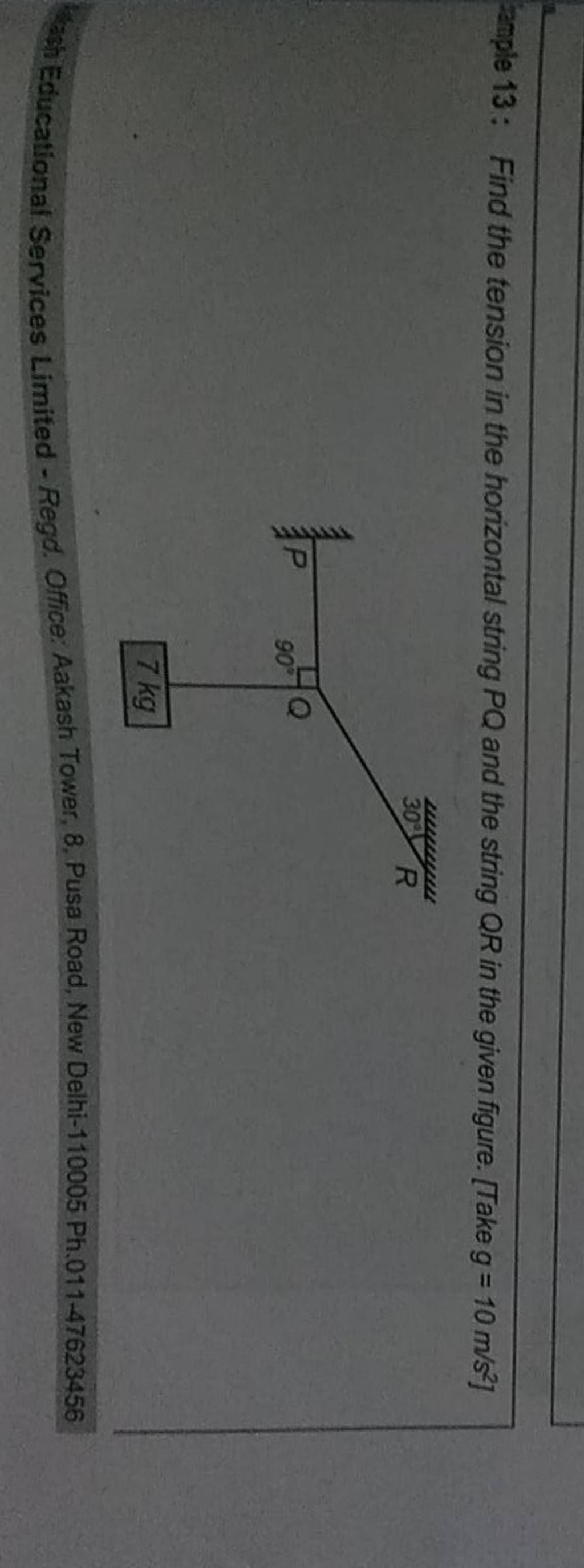 Jample 13: Find the tension in the horizontal string PQ and the string QR..