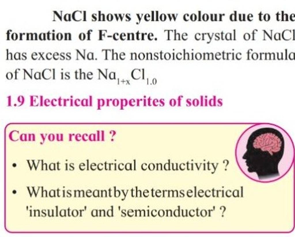 NaCl shows yellow colour due to the formation of F-centre. The crystal of..