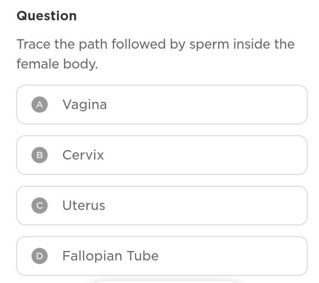 Question Trace the path followed by sperm inside the female body. A Vagin..