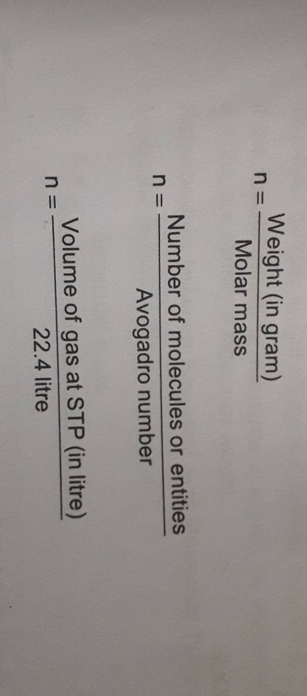 n= Molar mass Weight (in gram ) n= Avogadro number Number of molecule..