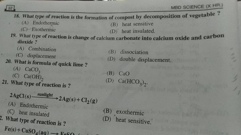 What type of reaction is ? 2AgCl(s) sunlight 2Ag(s)+Cl2 (g) | Filo