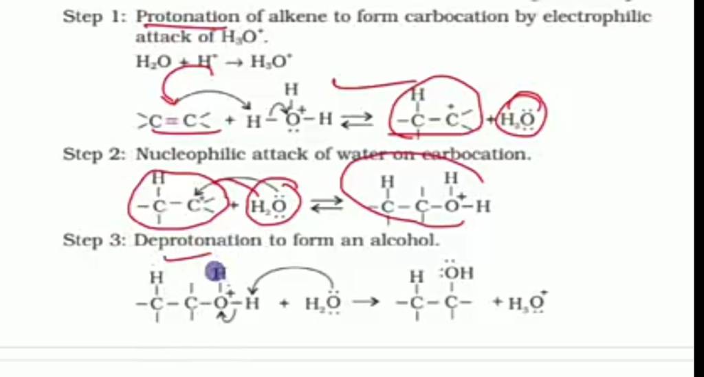 Step 1: Protonation of alkene to form carbocation by electrophilic attack..