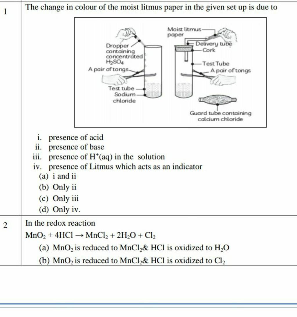 The change in colour of the moist litmus paper in the given set up is due..