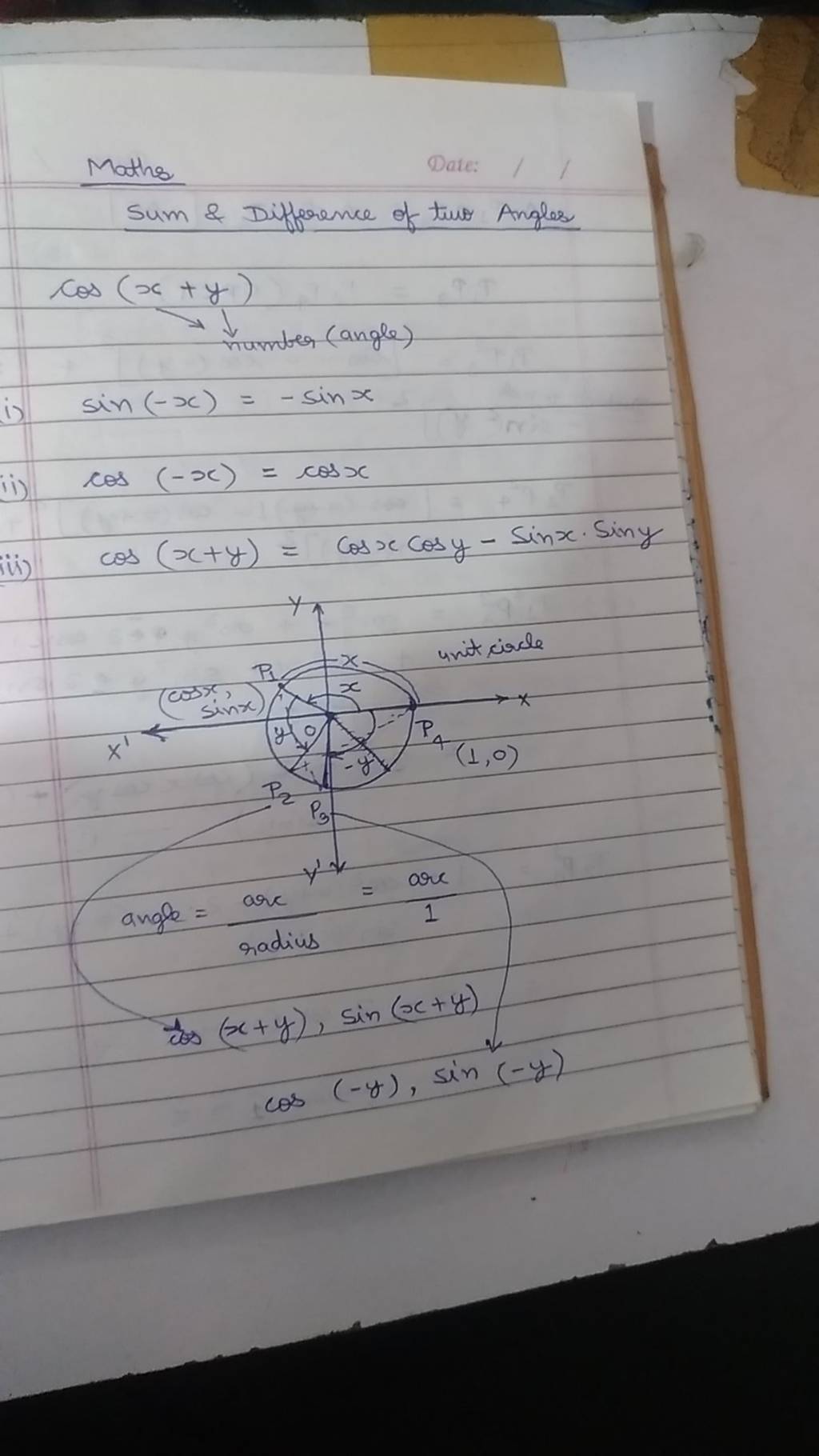 Maths Sum \& Difference of two Angles cos(x+y) A ↓ number (angle) i) sin(..