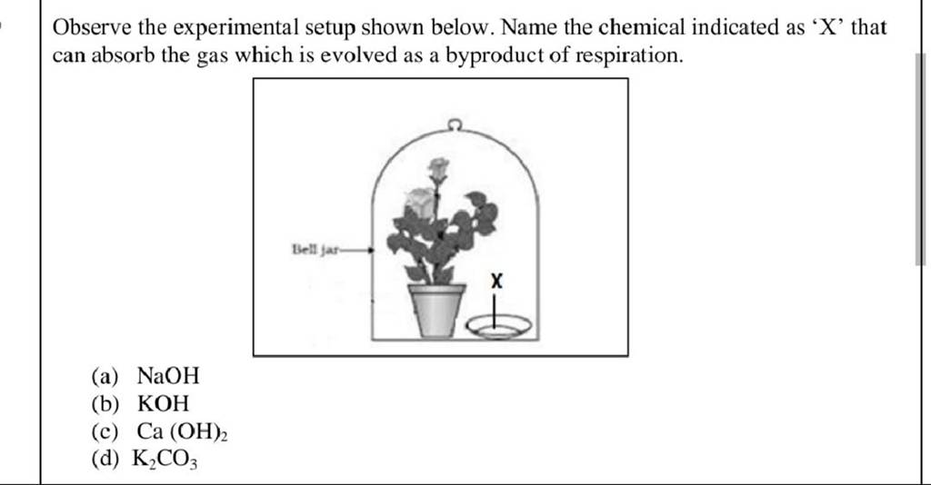 Observe the experimental setup shown below. Name the chemical indicated a.. Observe the experimental setup shown below. Name the chemical indicated a..