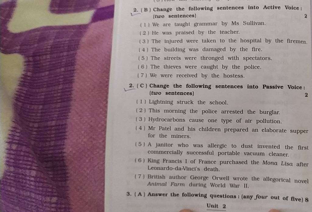 (B) Change the following sentences into Active Voice: (two sentences)..