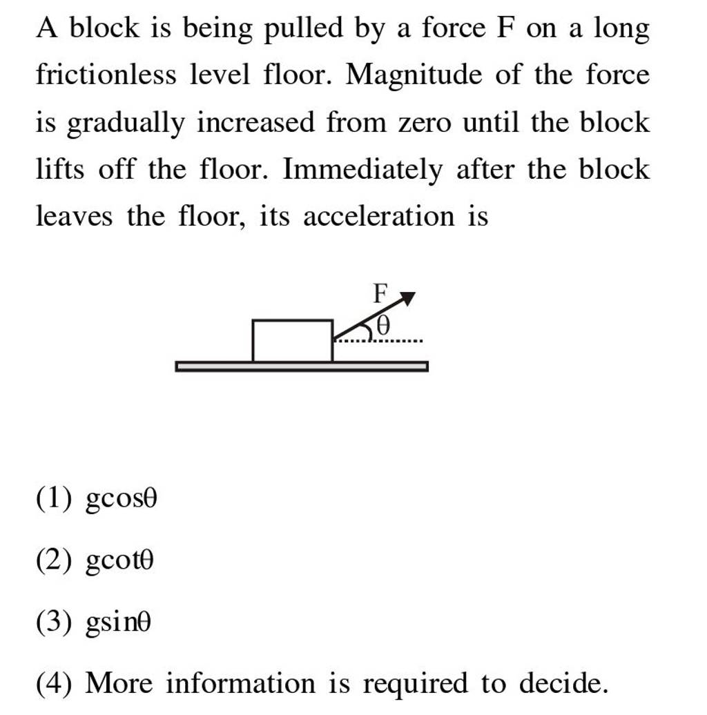 A block is being pulled by a force F on a long frictionless level floor.
