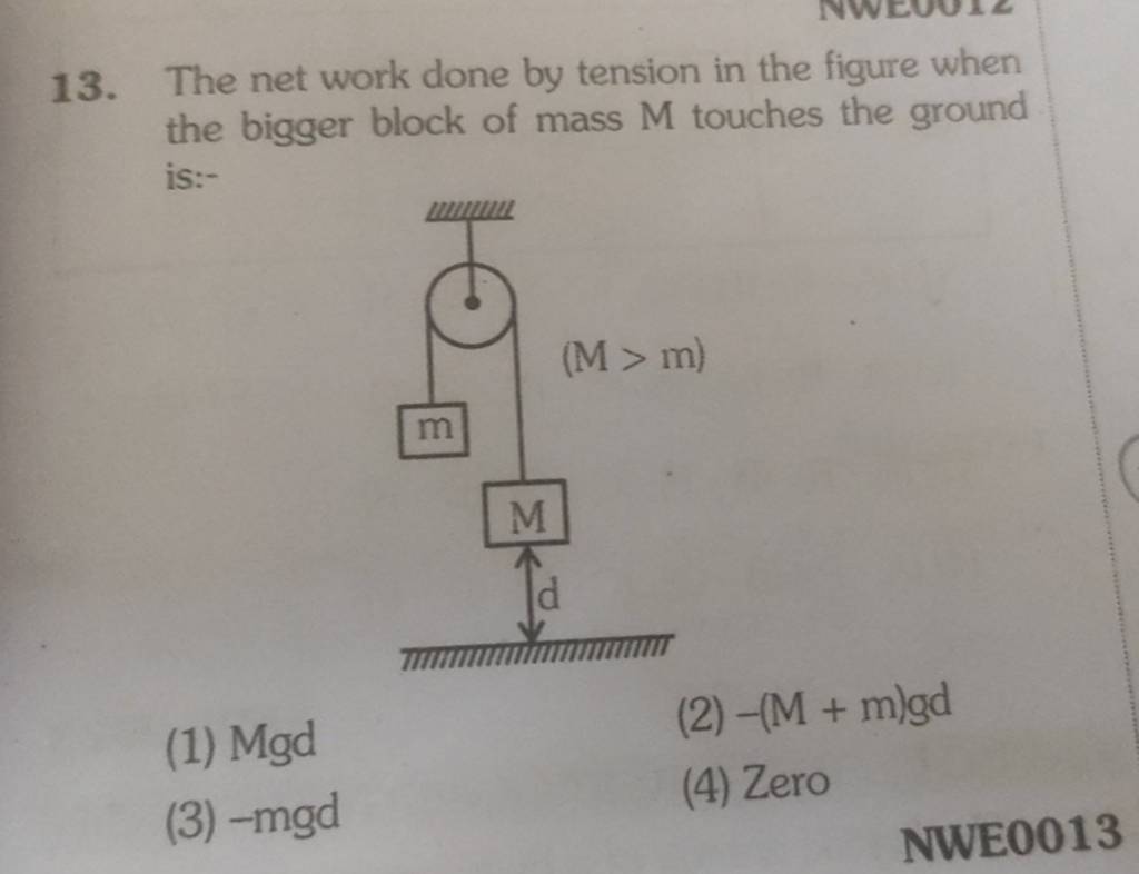 The net work done by tension in the figure when the bigger block of mass