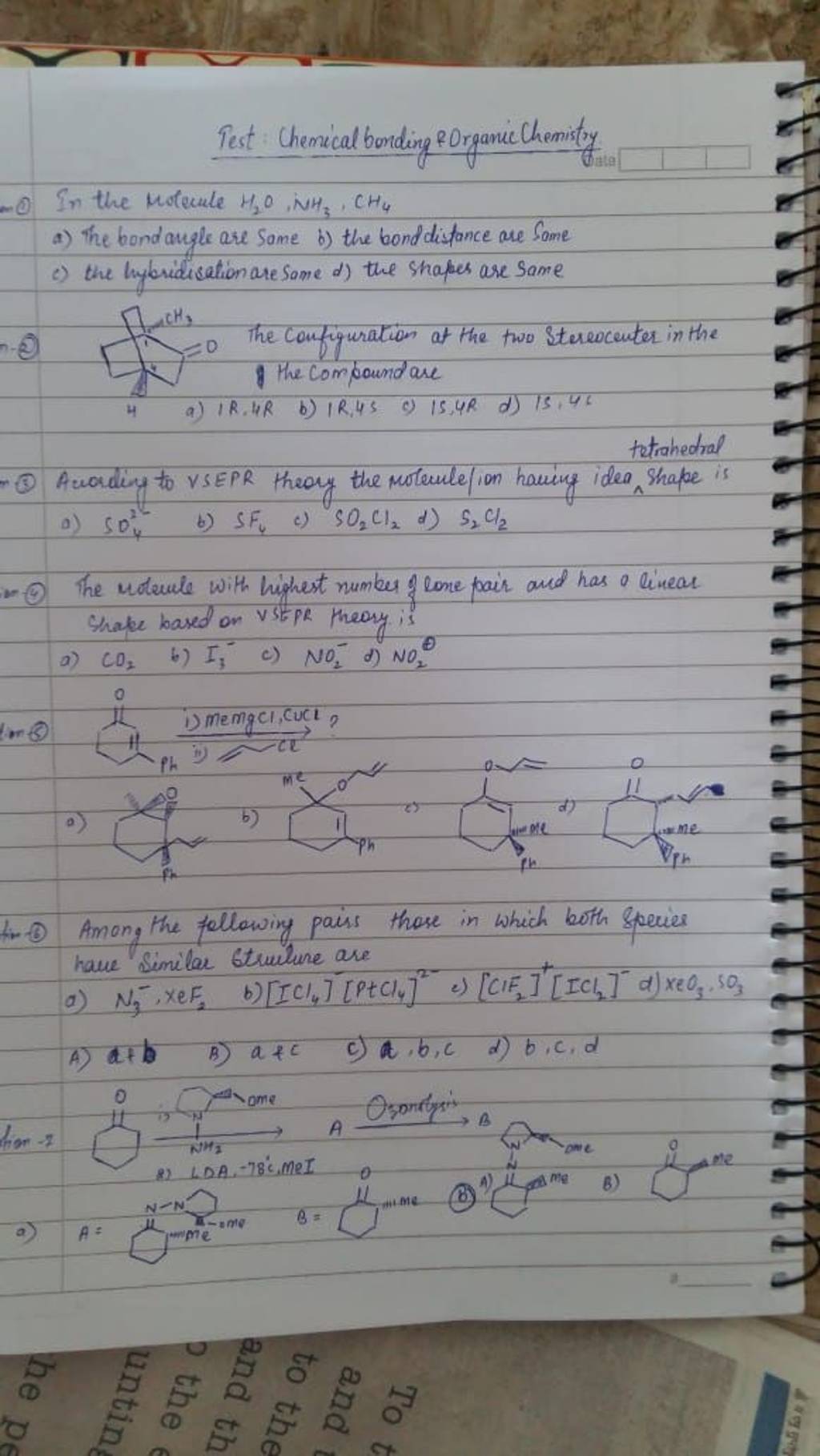 Test: Chemical bonding Rorganue Chemistry. In the Motecule H2 O,NH3 ,CH4