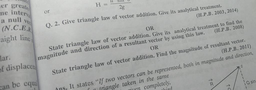 or H=2gu treatment. (H.P.B. 2003, 2014) State triangle law of vector add..