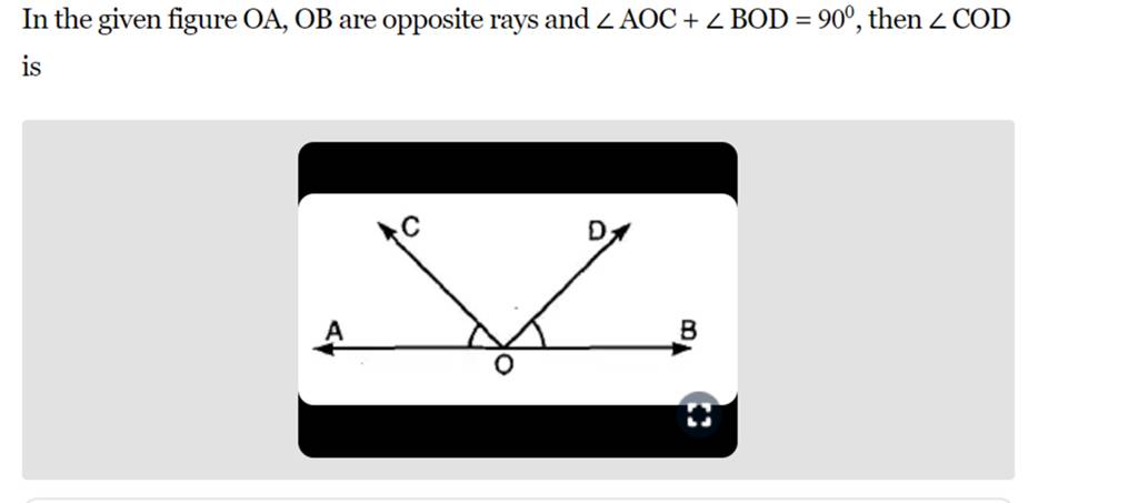 In the given figure OA,OB are opposite rays and ∠AOC+∠BOD=90∘, then ∠COD