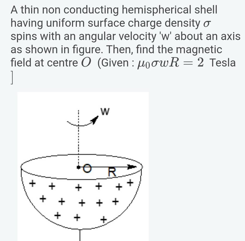A thin non conducting hemispherical shell having uniform surface charge d..