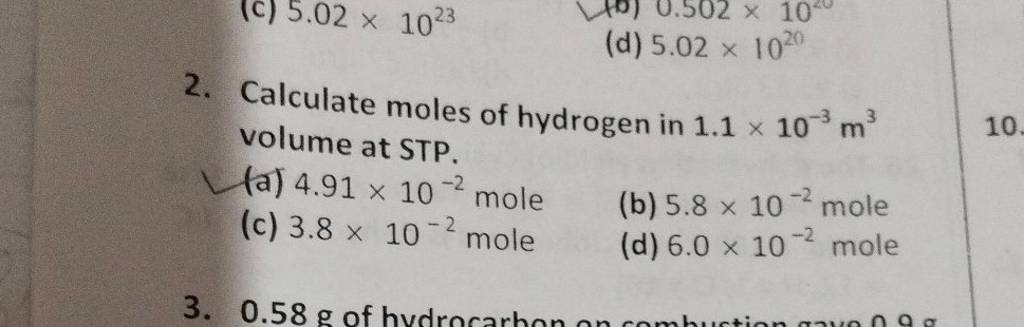 Calculate moles of hydrogen in 1.1×10−3 m3 volume at STP. | Filo