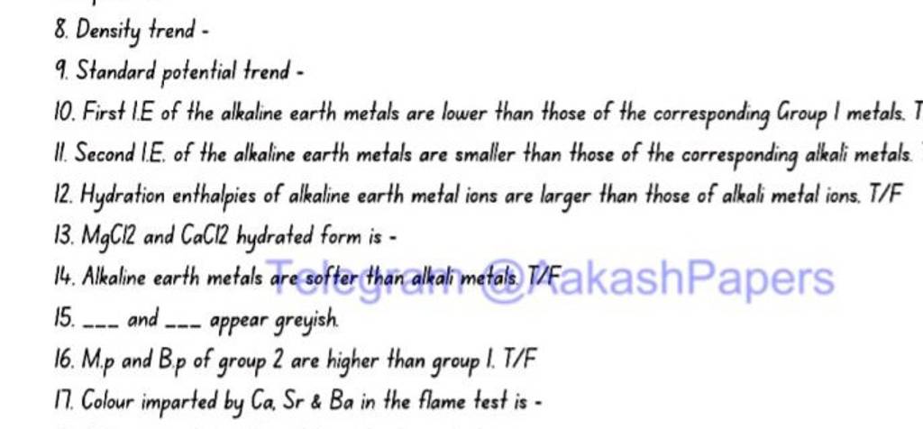 8. Density trend - 9. Standard potential trend - 10. First IE of the alka..