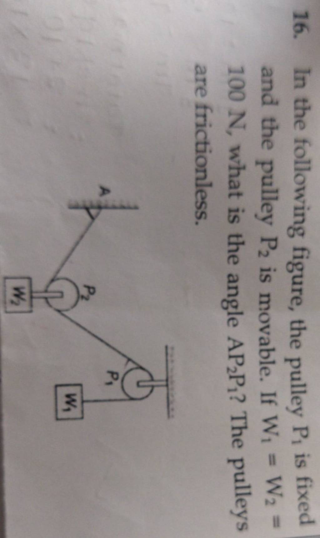 16. In the following figure, the pulley P1 is fixed and the pulley P2 i..