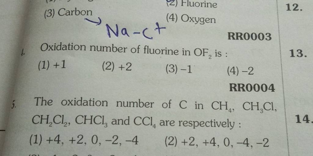 Rr0004 J The Oxidation Number Of C In Ch4 Ch3 Cl Ch2 Cl2 Chcl3 And C