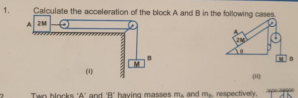 1. Calculate the acceleration of the block A and B in the following cases..