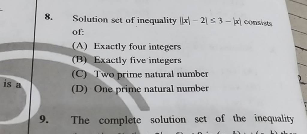 Solution set of inequality ||x∣−2∣≤3−∣x∣ consists of: | Filo