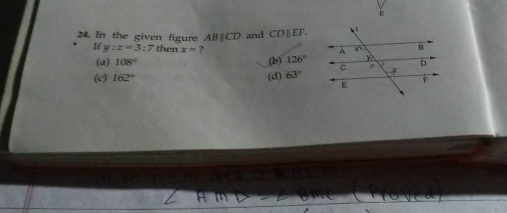 In The Given Figure Ab∥cd And Cd∥ef If Y Z 3 7 Then X Filo