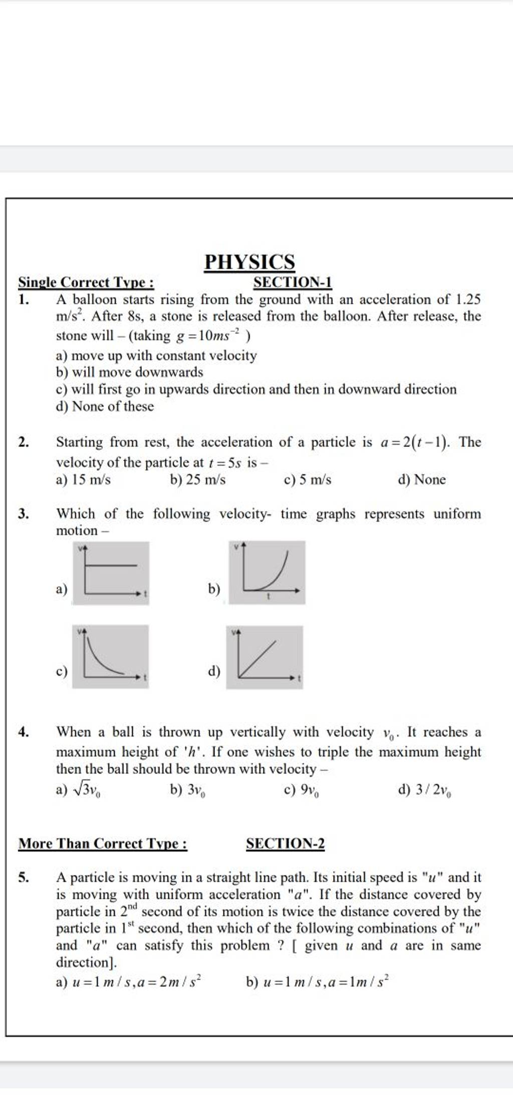Which Of The Following Velocity Time Graphs Represents Uniform Motion