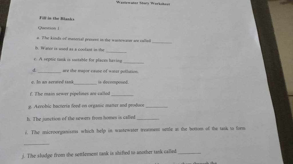 Wastewater Story Worksheet Fill in the Blanks Question 1 | Filo