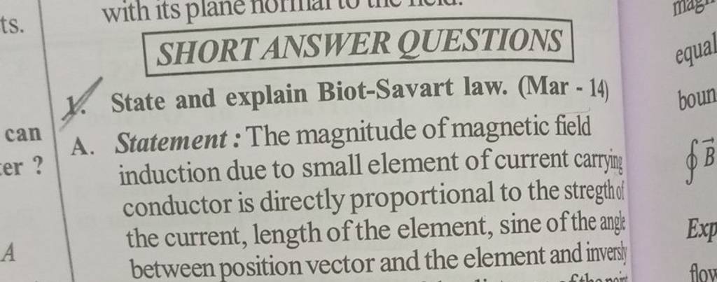 Short Answer Questions 1 State And Explain Biot Savart Law Mar 14 A
