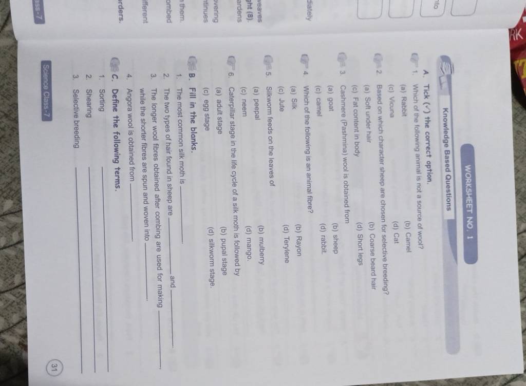 WORKSHEET NO. 1 Knowledge Based Questions A. Tick ( ) the correct option...