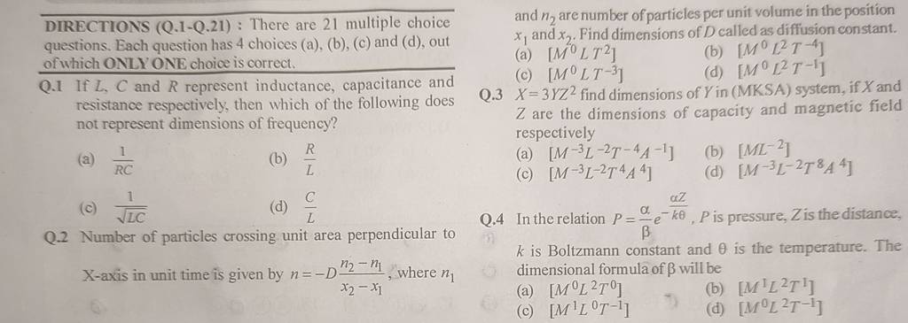 Q.3 X=3YZ2 find dimensions of Y in (MKSA) system, if X and not represent