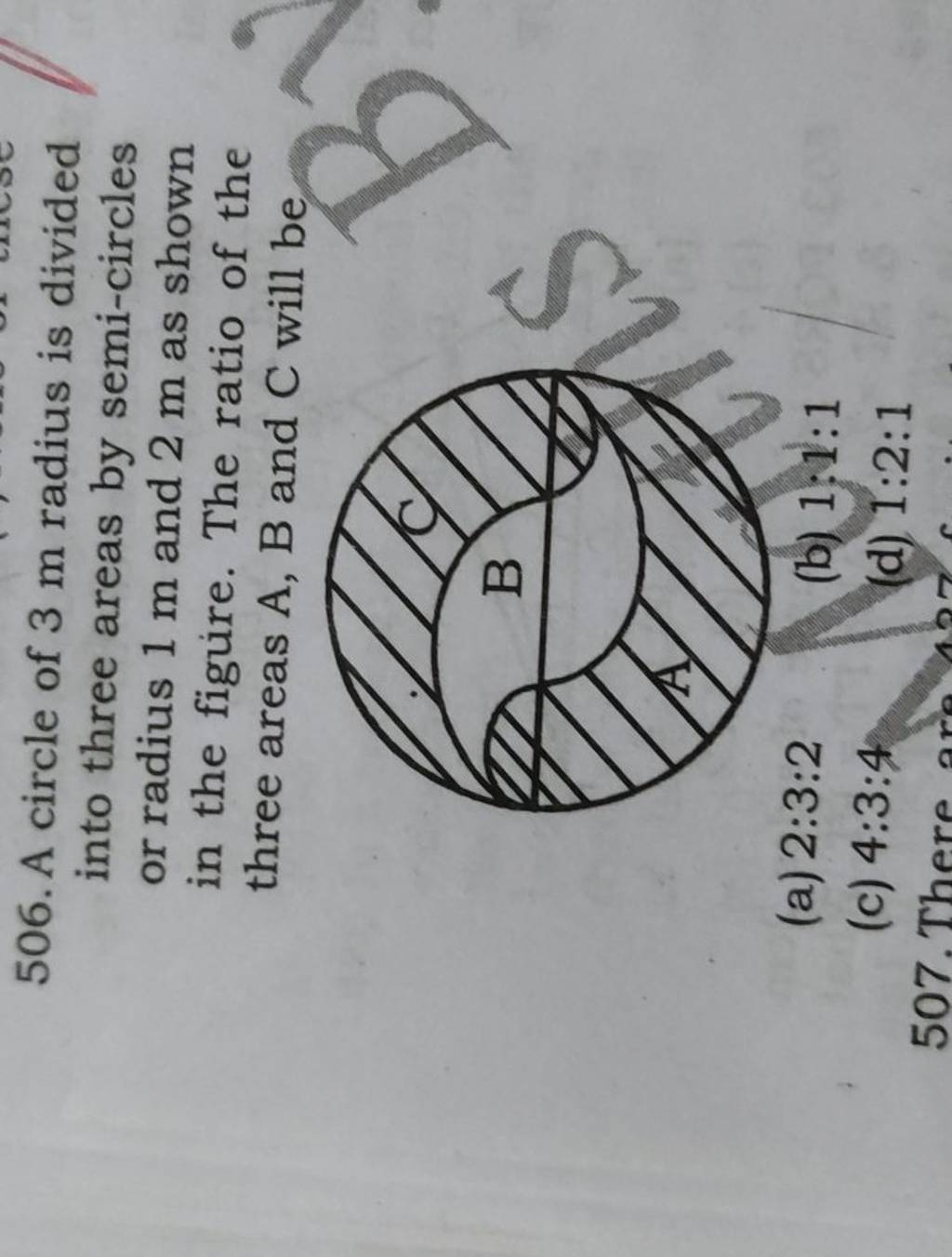 A circle of 3 m radius is divided into three areas by semi-circles or rad..