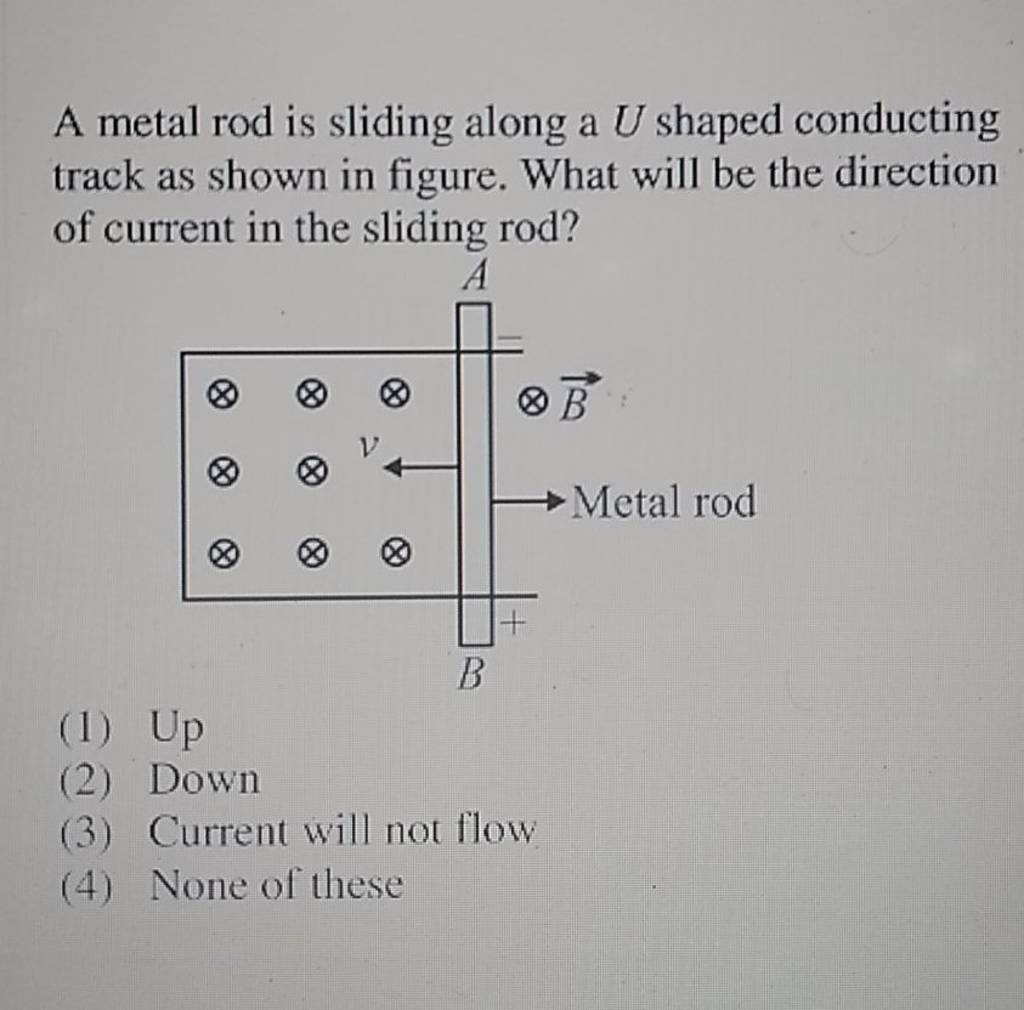 A metal rod is sliding along a U shaped conducting track as shown in figu..