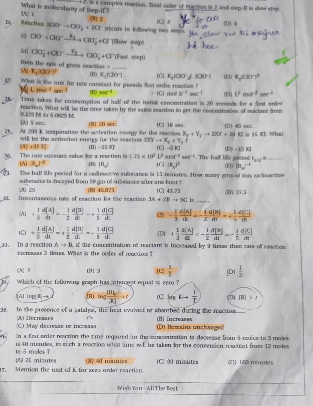 Instantaneous rate of reaction for the reaction 3A+2B→5C is | Filo