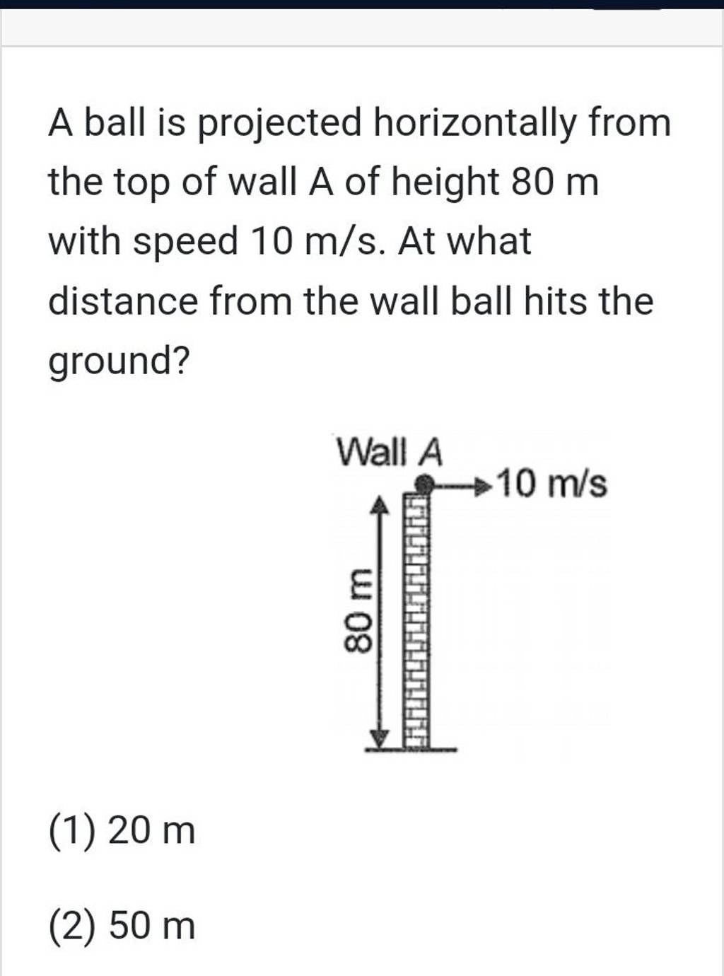 A ball is projected horizontally from the top of wall A of height 80 m wi.. A ball is projected horizontally from the top of wall A of height 80 m wi..