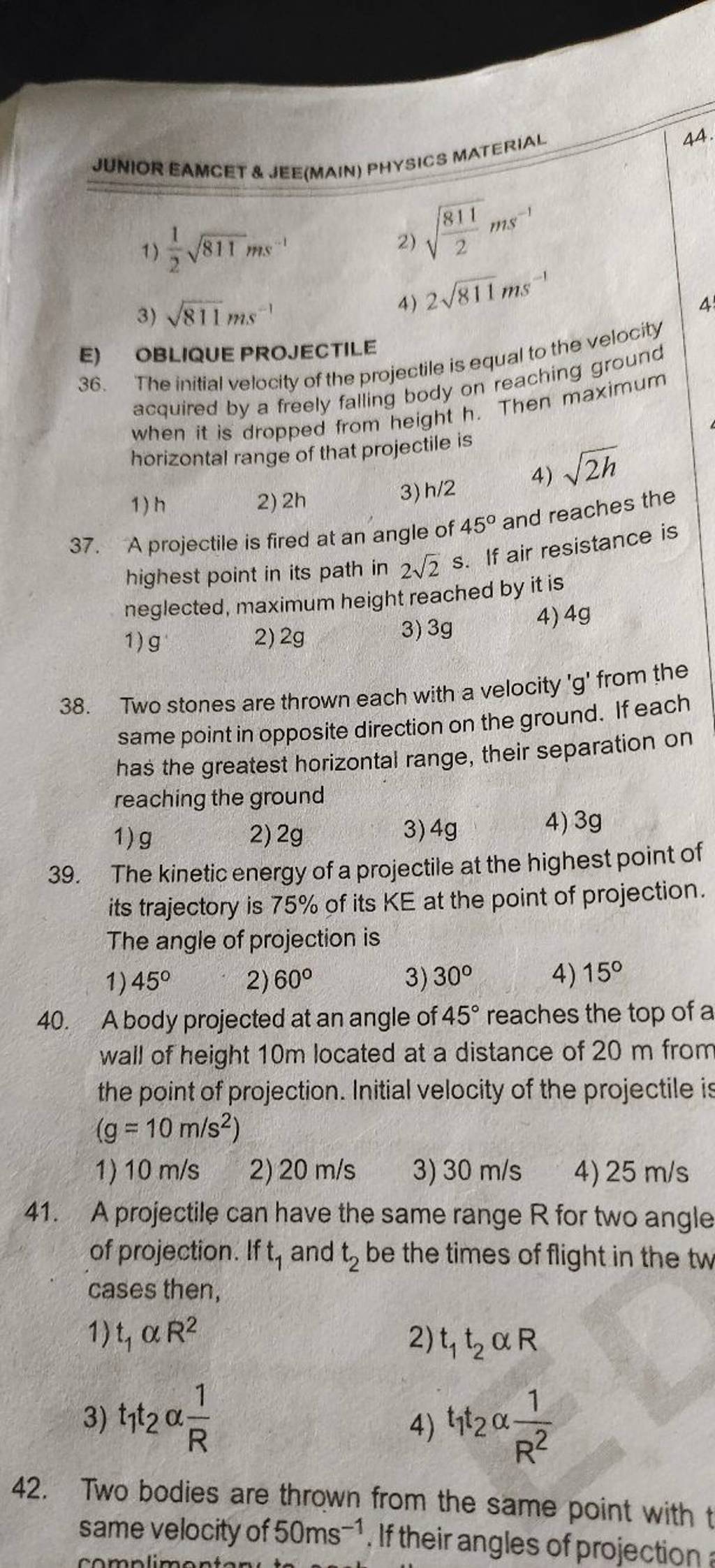 Oblique Projectile 36 The Initial Velocity Of The Projectile Is Equal T
