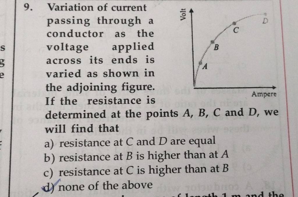 Variation of current passing through a conductor as the voltage applied a..