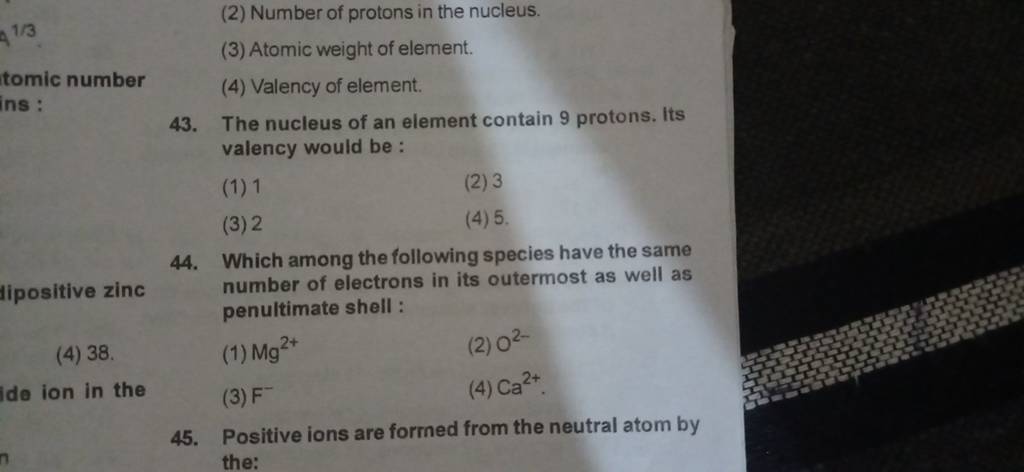 The nucleus of an element contain 9 protons. Its valency would be : | Filo