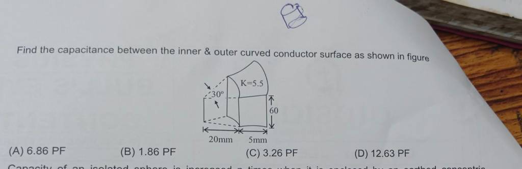 Find the capacitance between the inner \& outer curved conductor surface