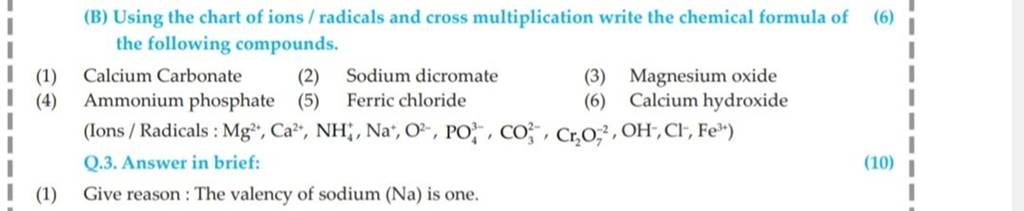 Using the chart of ions / radicals and cross multiplication write the ch..