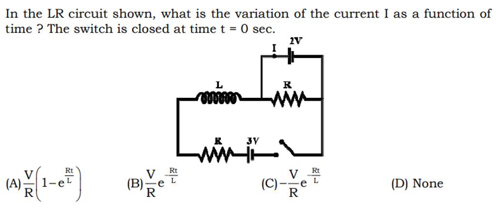 In the LR circuit shown, what is the variation of the current I as a func..