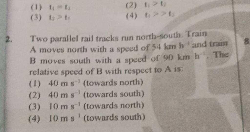 Two parallel rail tracks run north-south. Train A moves north with a spee..