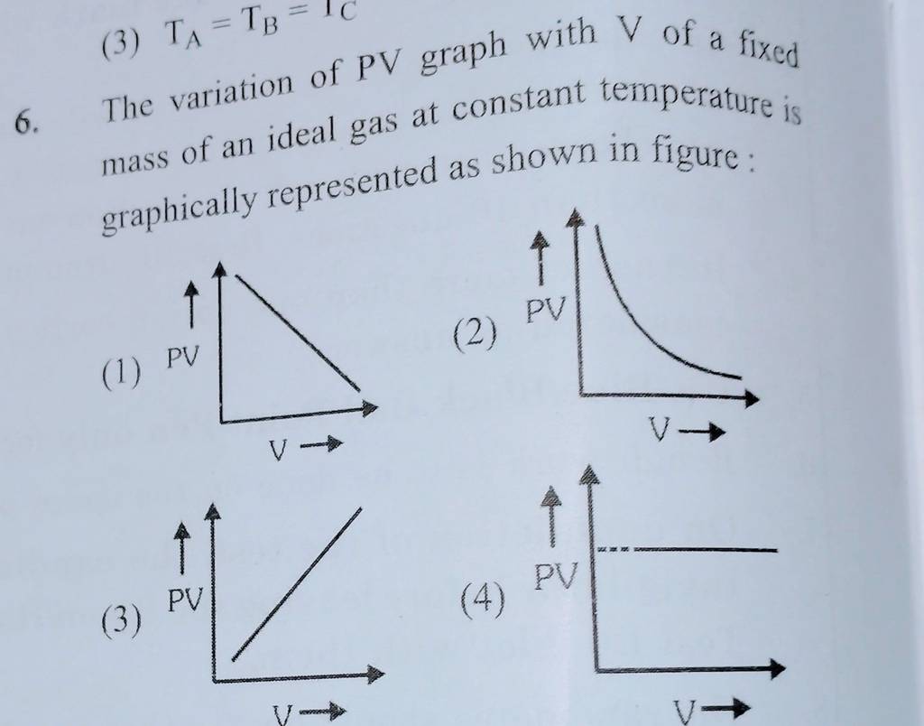 6. The variation of PV graph with V of a fixed mass of an ideal gas at co..