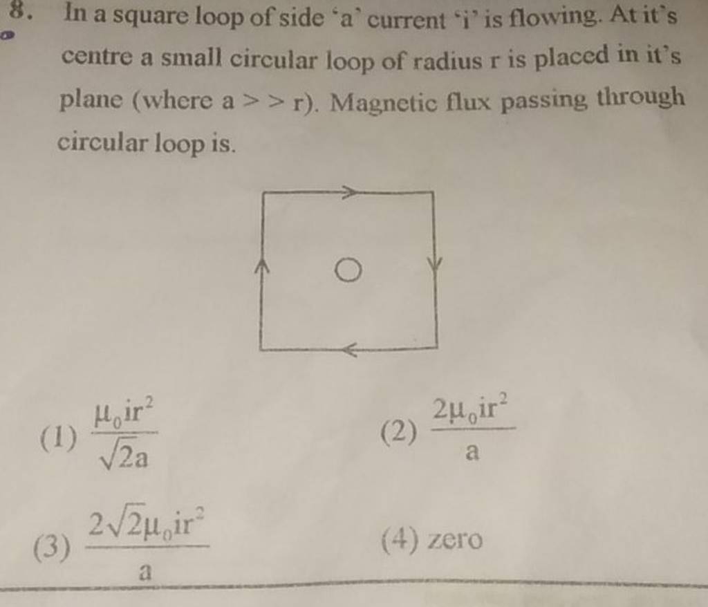 In a square loop of side ' a ' current ' i ' is flowing. At it's centre a..