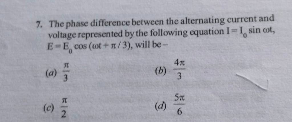 The phase difference between the alternating current and voltage represen..