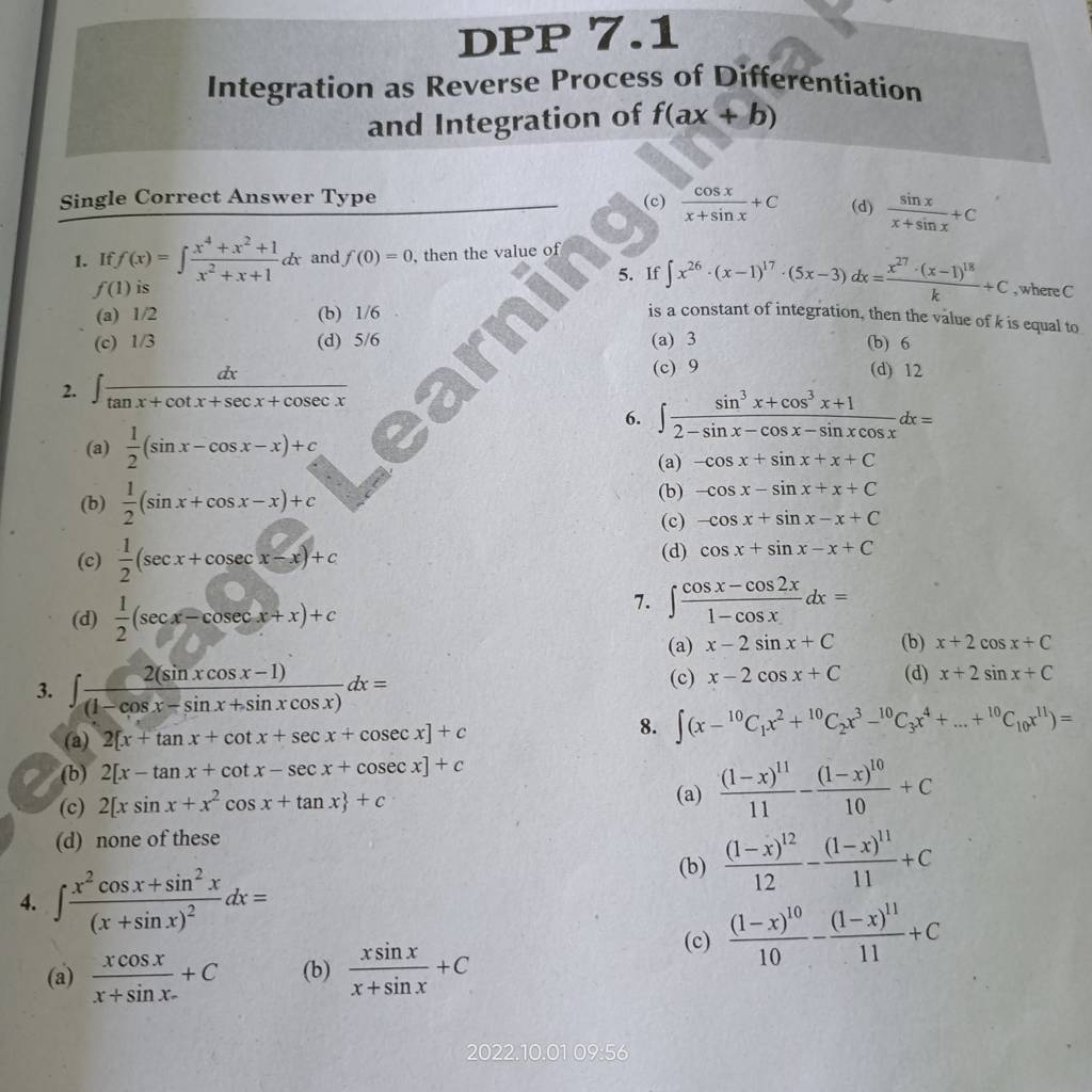 Dpp 7 1 Integration As Reverse Process Of Differentiation And Integration