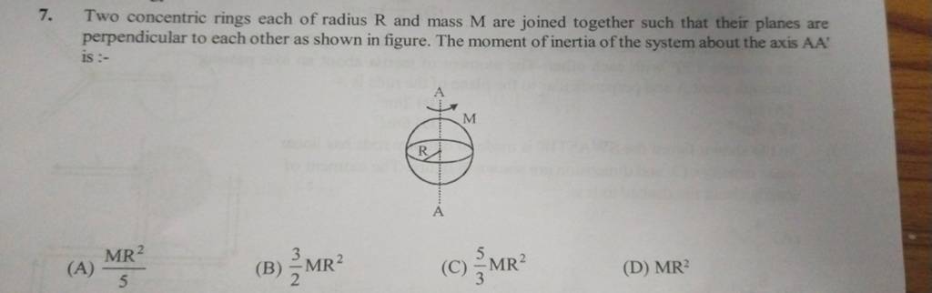 Two concentric rings each of radius R and mass M are joined together such..